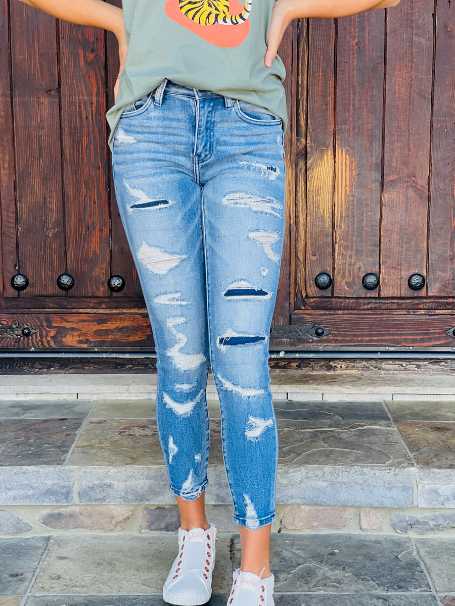 Addison Mid Rise Distressed Skinnies – Jonah Brown Boutique